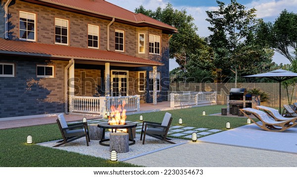 3d Render Beautiful Backyard Rectangular Pool Stock Illustration ...