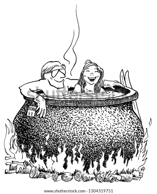 Two Skiers Soak Hot Tub Cauldron Stock Illustration 1304319751