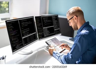 Web Developer Looking Code Computer Database Stock Photo 2200285839 ...