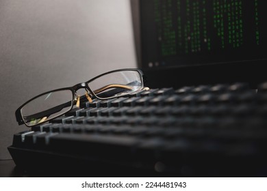 Computer Screen Programming Text Keyboard Glasses Stock Photo 2244481943 | Shutterstock