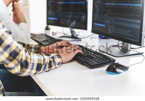 Programmer Writing Program Code Two Monitors Stock Photo 1924429568 ...