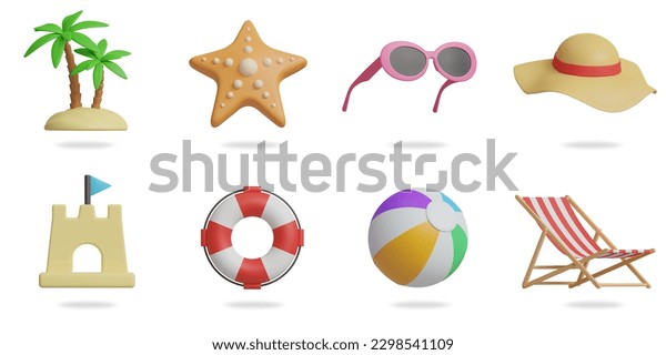 Beach 3d Vector Icon Set Islandstarfishsunglassesbeach Stock Vector ...