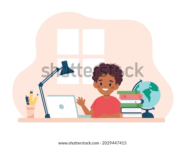 Boy Studying Computer Books Vector Illustration Stock Vector (Royalty ...