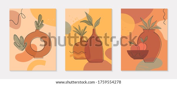 Bundle Art Modern Vector Illustrations Vasesleavesorganic Stock Vector ...