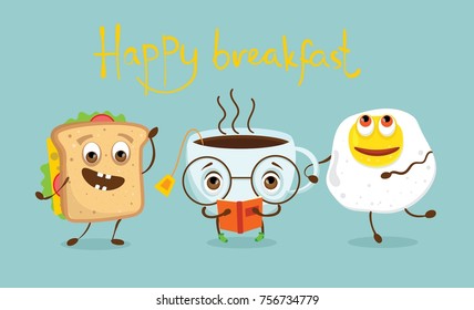 Funny Happy Breakfast Food Characters Emotions Stock Vector (Royalty ...