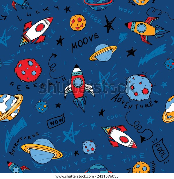 Cartoon Space Seamless Pattern On Blue Stock Vector (Royalty Free ...