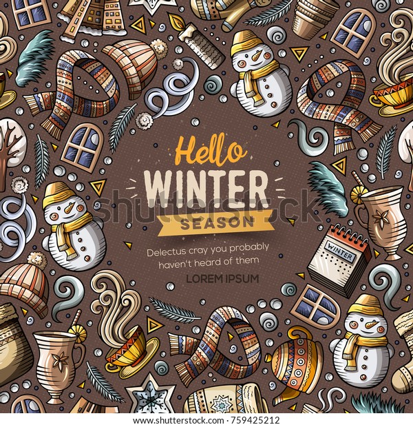 Cartoon Vector Doodles Winter Objects Frame Stock Vector (Royalty Free ...