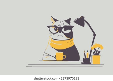 Cat Working Computer Officeflat Illustration Stock Vector (Royalty Free ...