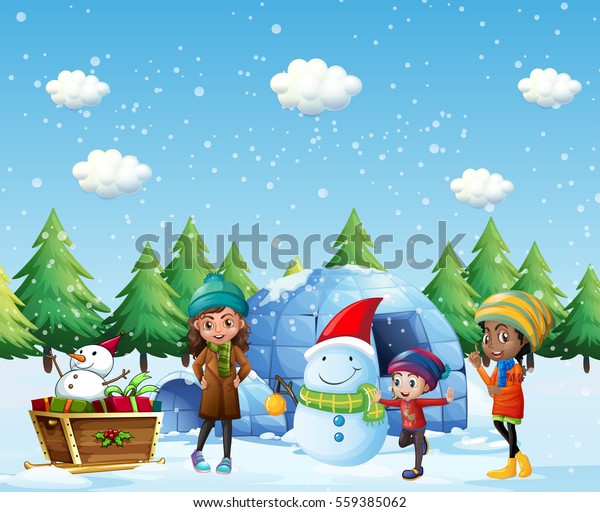Children Igloo Snowman Winter Illustration Stock Vector (Royalty Free ...