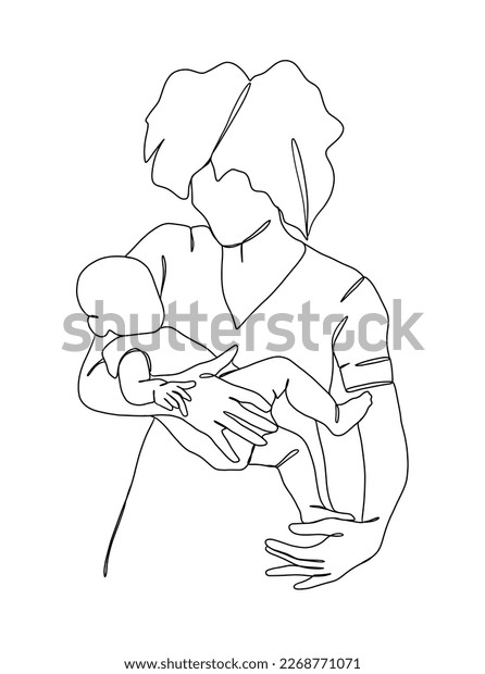 Continuous One Line Drawing Mom Holding Stock Vector (Royalty Free ...