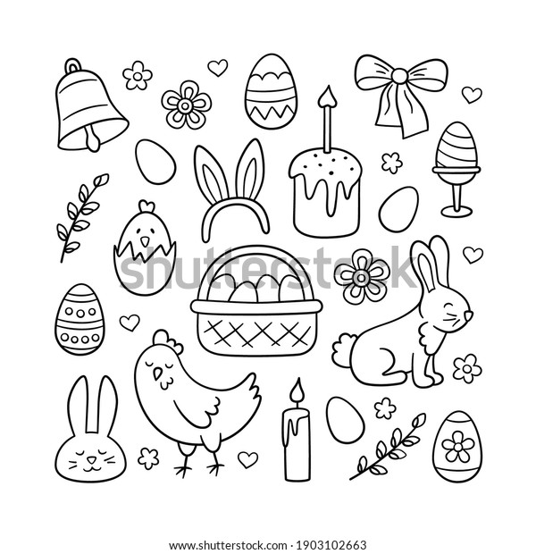Cute Easter Doodle Set Bunny Basket Stock Vector (Royalty Free ...