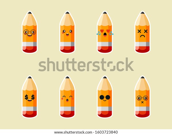 Cute Pencil Characters Different Emotions Set Stock Vector (Royalty ...