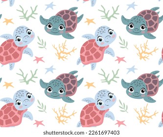 Cute Turtle Seamless Pattern Representatives Underwater Stock Vector ...