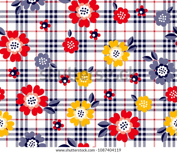 Daisy Flower Pattern On Plaid Background Stok Vektör (Telifsiz ...