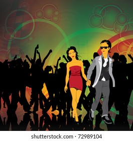 Silhouettes People Dancing Music Speaker Background Stock Vector ...