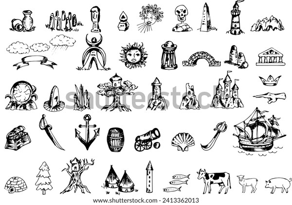 Fantasy Map Elements Illustration Drawing Engraving Stock Vector ...