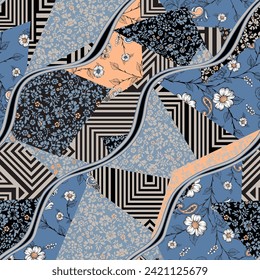 Flower Patchwork Pattern On Blue Background Stock Vector (Royalty Free ...