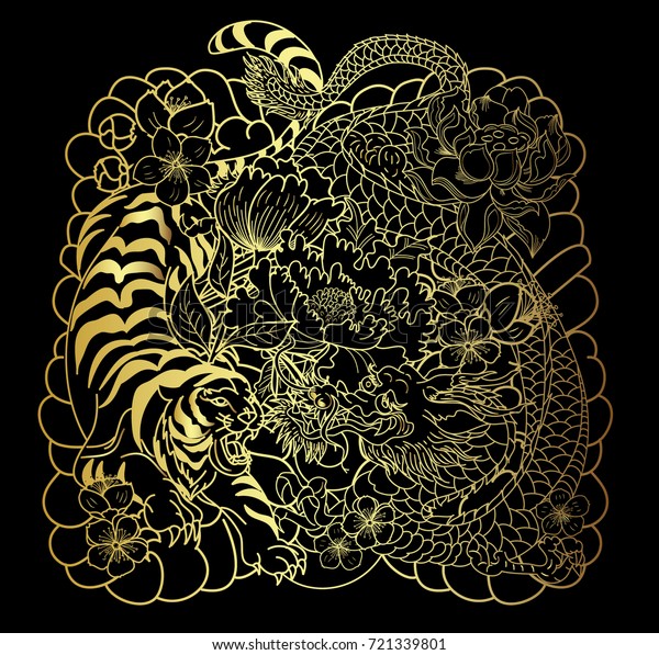 Gold Pattern Dragon Tiger Roaring Cherry Stock Vector (Royalty Free ...