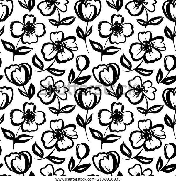 Hand Drawn Abstract Flowers Seamless Pattern Black Stock Vector Royalty Free 2196018035