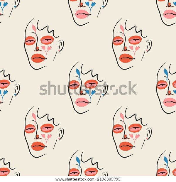 Handdrawn Girl Bright Makeup Seamless Pattern Stock Vector Royalty Free 2196305995 Shutterstock