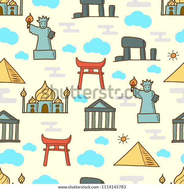 Landmark Doodle Seamless Pattern Vector Background Stock Vector ...
