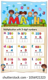 Math Worksheet Multiplication Three Digit Numbers Stock Vector (Royalty ...