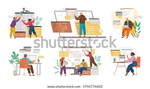 Programmer Engineering Coding Set Programmers Working เวกเตอร์สต็อก ปลอดค่าลิขสิทธิ์