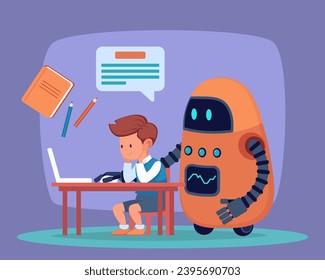 School Boy Robot Working Together Computer Stock Vector (Royalty Free ...