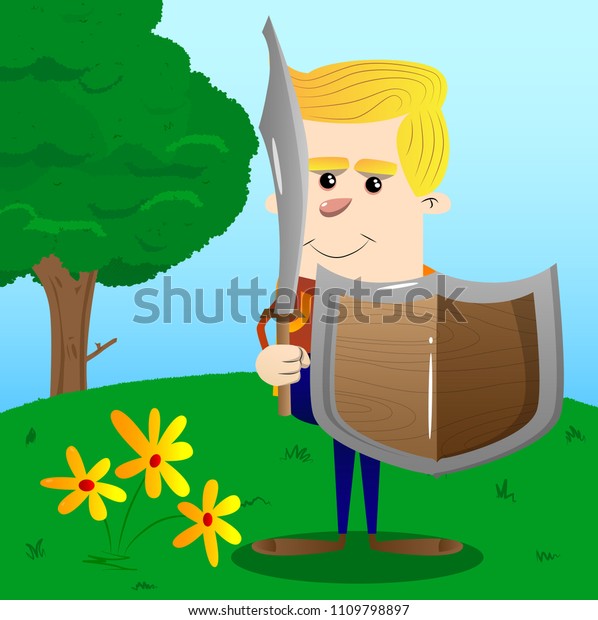 Schoolboy Holding Sword Shield Vector Cartoon Stock Vector (Royalty ...