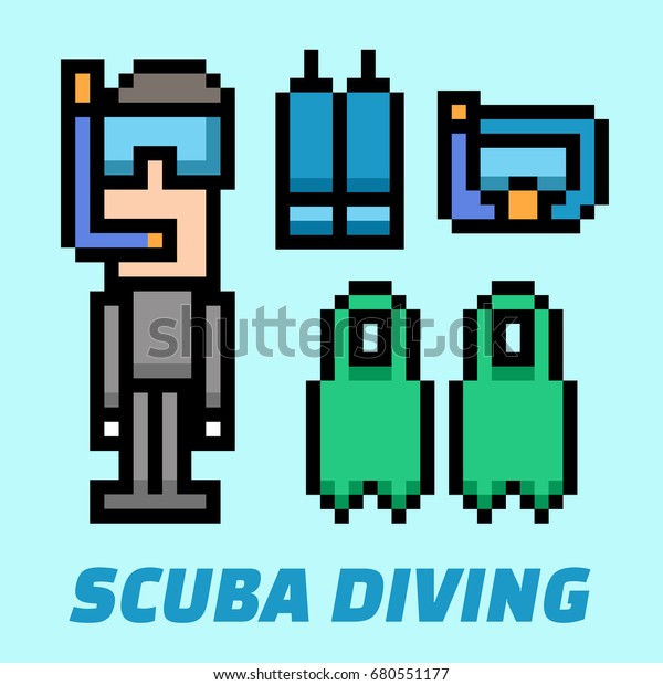 Scuba Diving Pixel Art Elements Design Stock Vector (Royalty Free ...