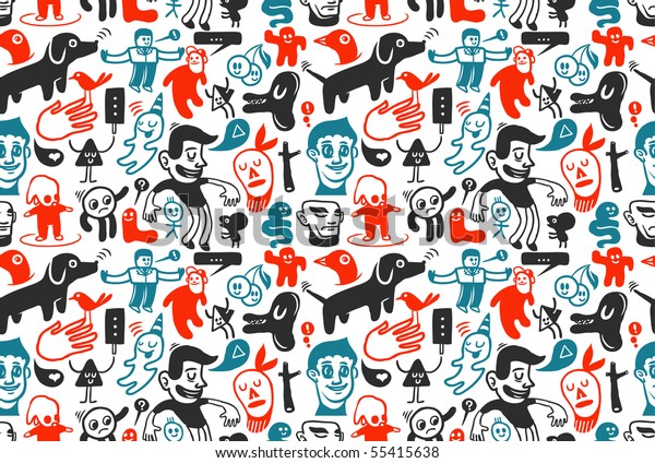Seamless Funny Doodles Pattern Vector Illustration Stock Vector ...