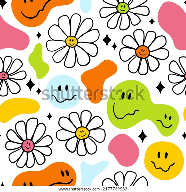 Seamless Pattern Smiling Faces Flowers Colorful Stock Vector (Royalty ...