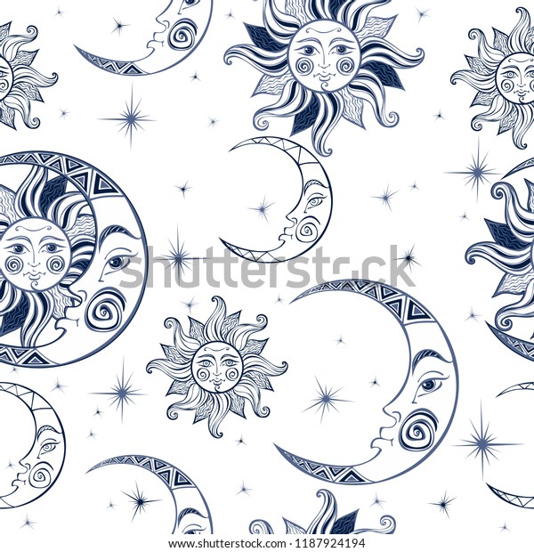 Seamless Pattern Sun Moon Stars Space Stock Vector (Royalty Free ...