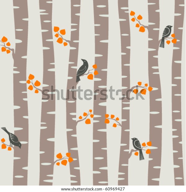 Seamless Vector Pattern Autumn Trees Birds Stock Vector (Royalty Free ...