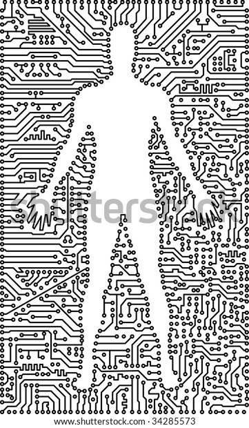 Silhouette Man Electronic Computer Tech Background Stock Vector ...