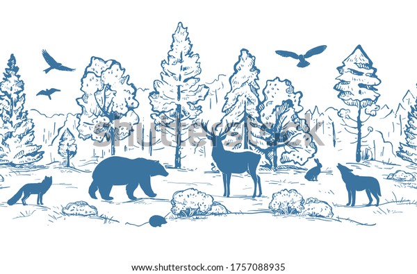 Sketch Vector Horizontal Seamless Border Trees Stock Vector (Royalty ...