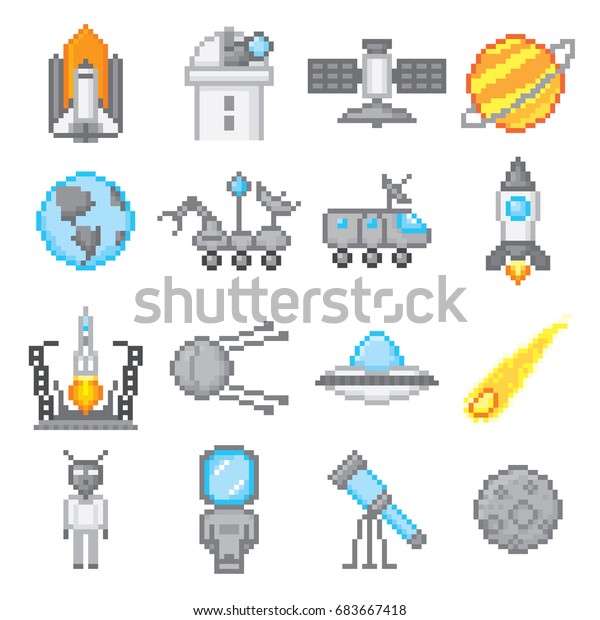 Space Exploration Space Research Pixel Art: เวกเตอร์สต็อก (ปลอดค่า ...