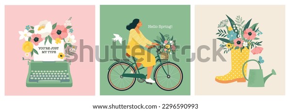Spring Set Postcards Typewriter Text Congratulations Stock Vector ...
