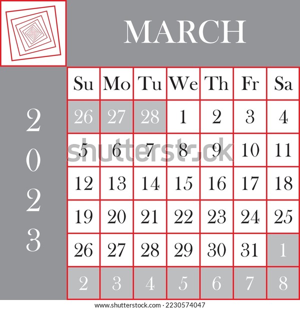 Square Format 2023 Calendar March Gray Stock Vector (Royalty Free ...