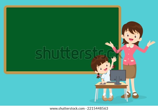 Teacher Student Study Computer Raising Hand Stock Vector (Royalty Free ...