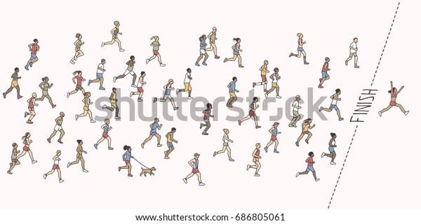 Tiny Hand Drawn Marathon Runners Winner Stock Vector (Royalty Free ...