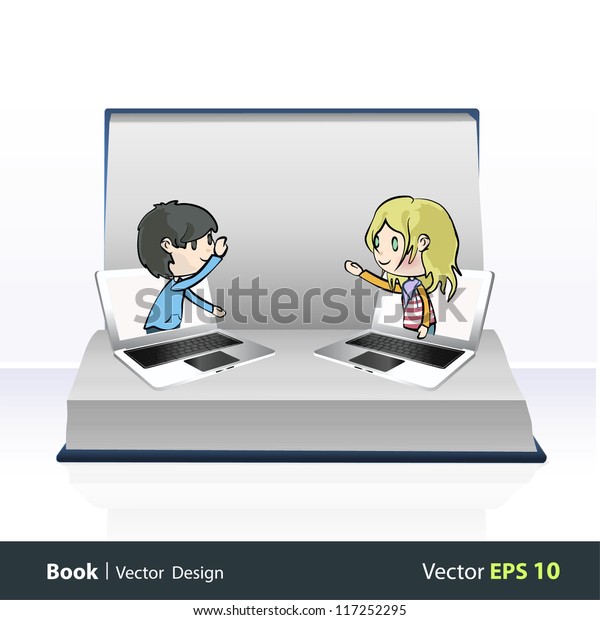 Two Children Communicating Computers Inside Open Stock Vector (Royalty ...