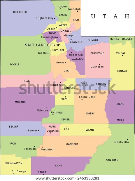 Utah State Administrative Map Counties Seats Stock Vector (Royalty Free ...