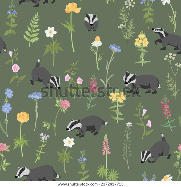 Vector Drawing Seamless Pattern Badger Flowers Stock Vector (Royalty ...