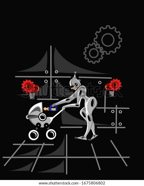 Vector Illustration Black Background Robot Girl Stock Vector (Royalty ...
