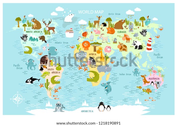 Vector Map World Cartoon Animals Kids Stock Vector (Royalty Free ...