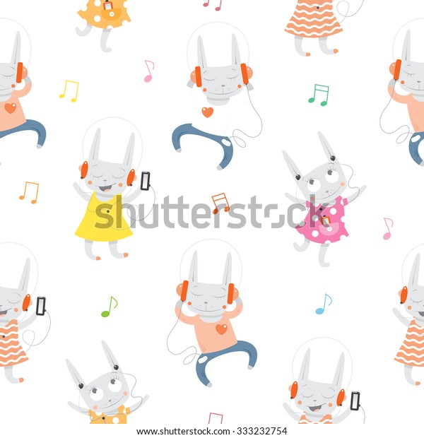 Vector Seamless Pattern Cartoon Rabbits Listening Stock Vector (Royalty ...