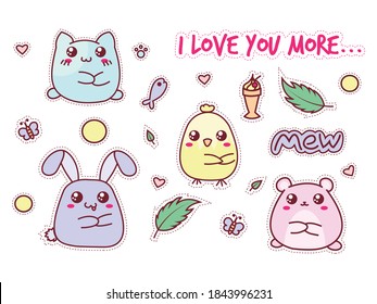 Vector Set Cute Kawaii Animals Stickers Stock Vector (Royalty Free ...
