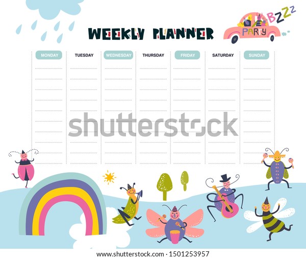 Vector Weekly Planner Insects Cartoon Style Stock Vector (Royalty Free ...
