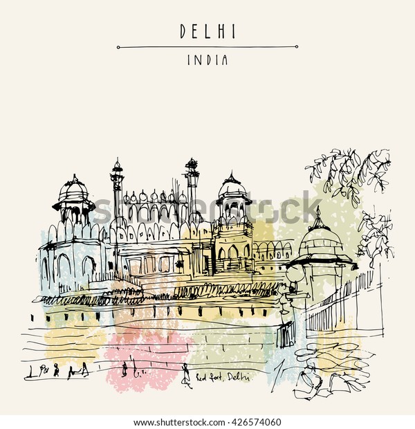 View Red Fort Delhi India Vintage Stock Vector (Royalty Free) 426574060 ...